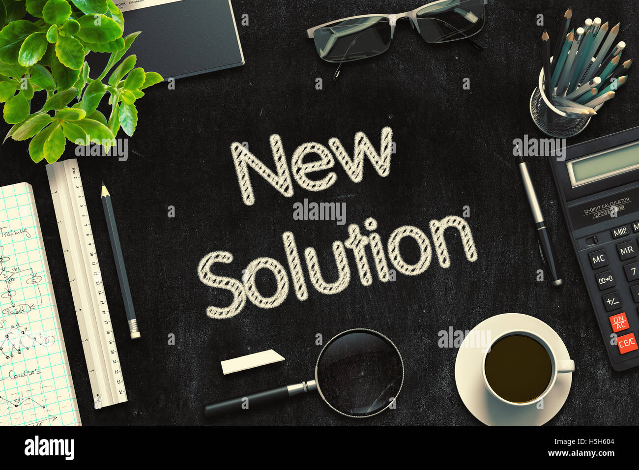 New Solution Handwritten on Black Chalkboard. 3D Rendering Stock Photo ...