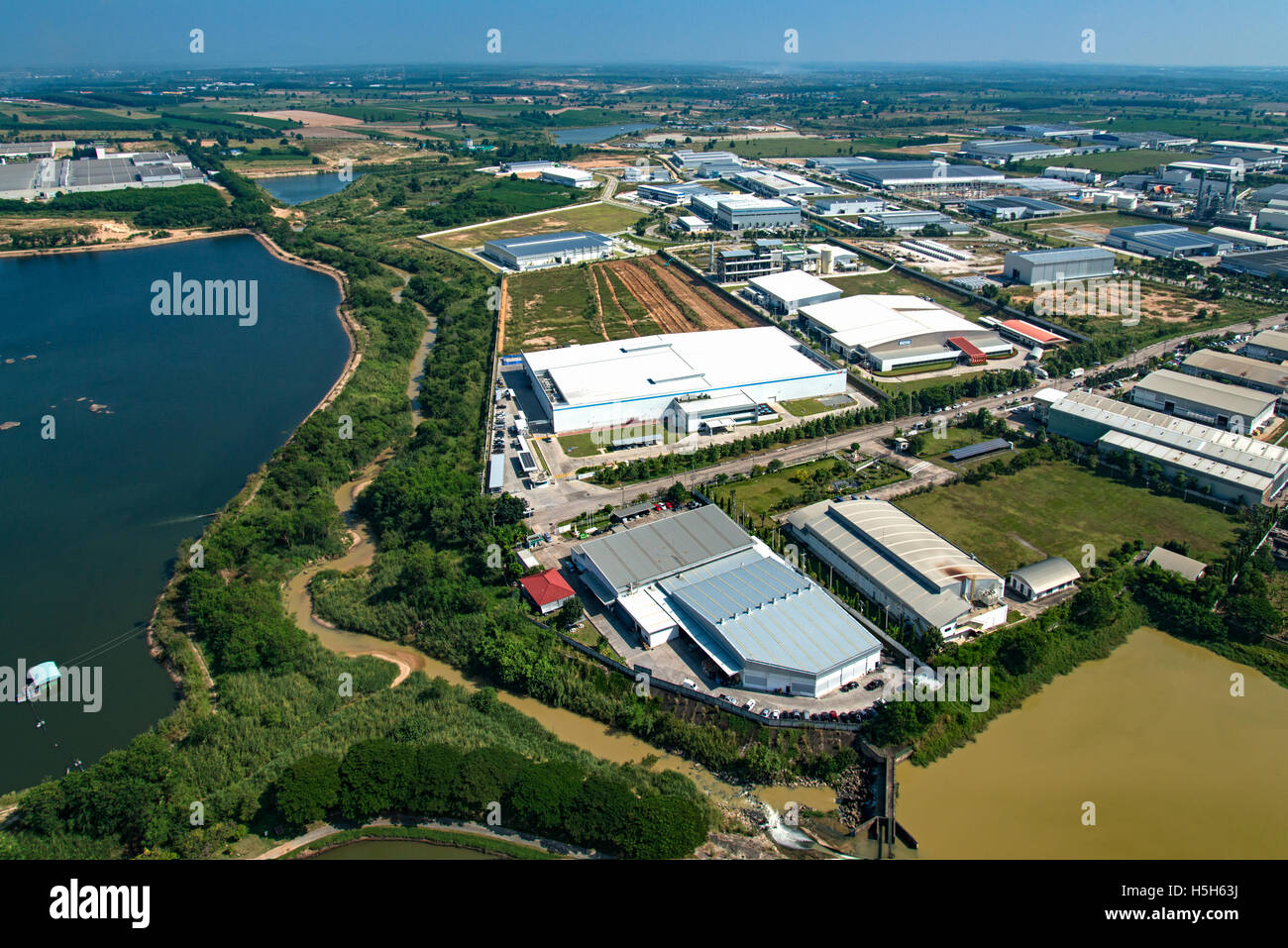 Industrial estate land development water reservoir aerial view Stock ...