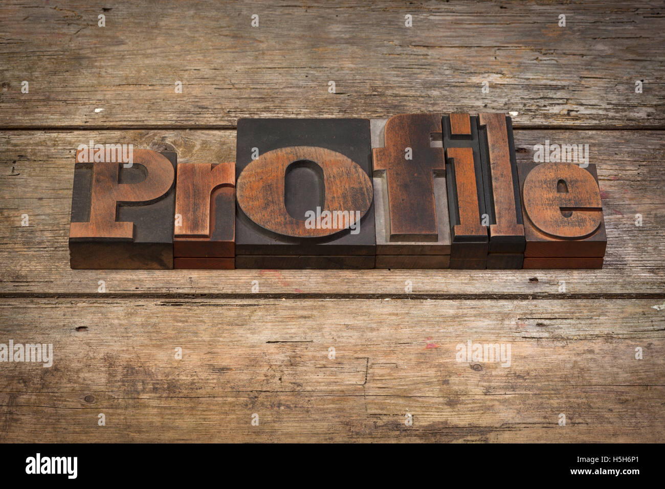 profile, word written with vintage letterpress printing blocks on ...