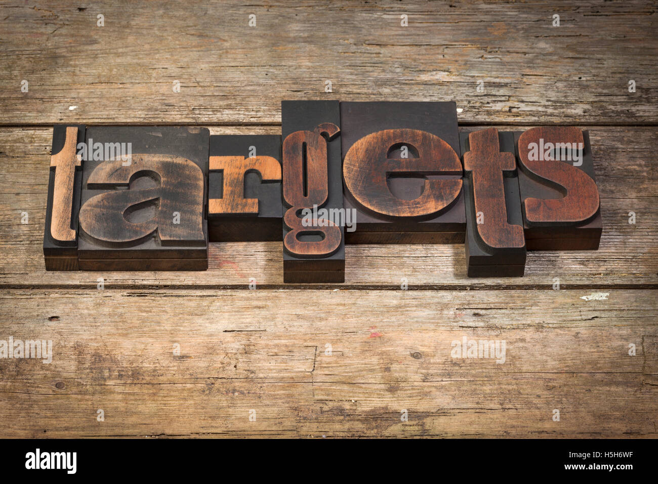 targets, word written with vintage letterpress printing blocks on ...
