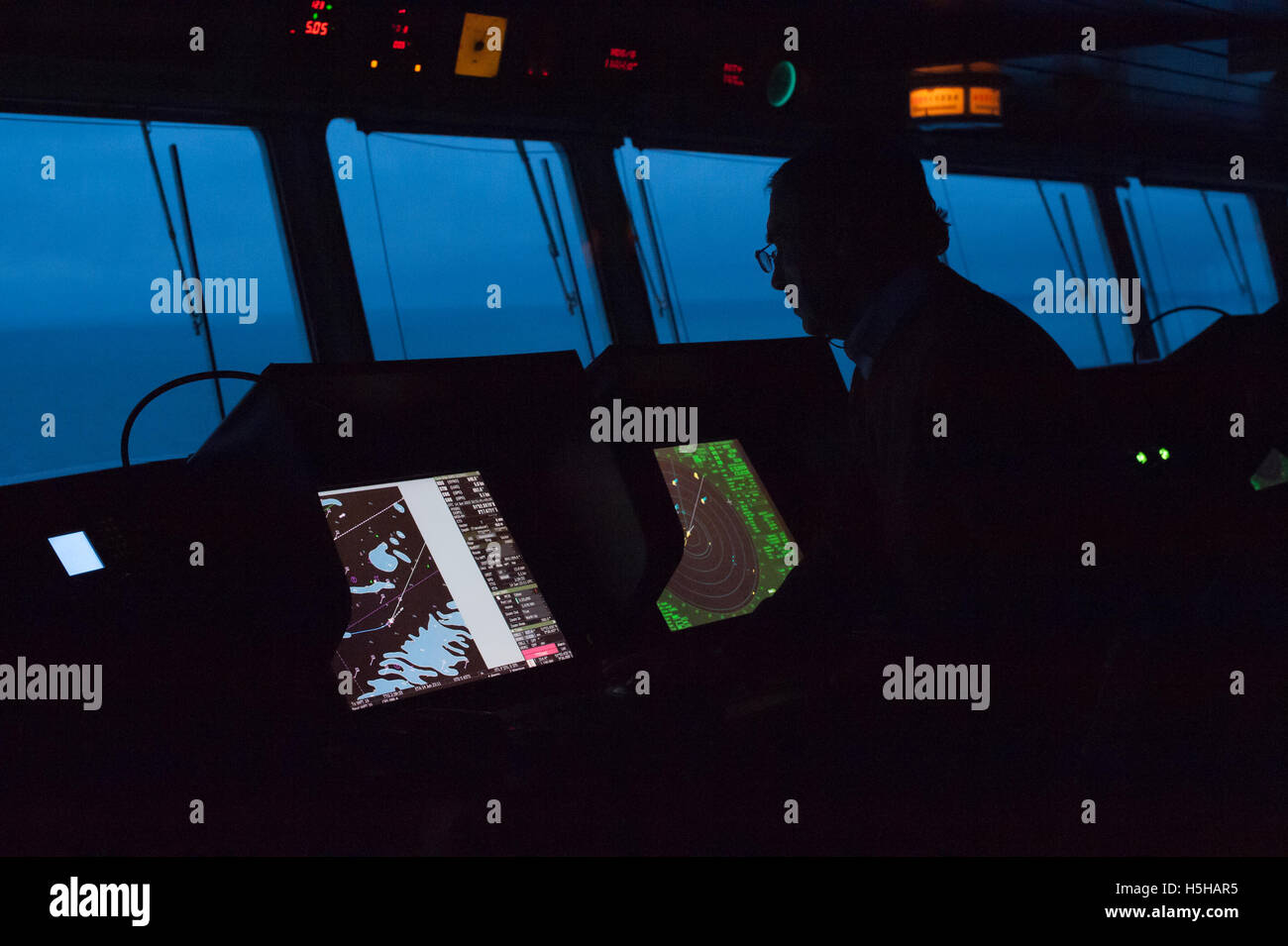 Container ship bridge at night, at sea Stock Photo - Alamy