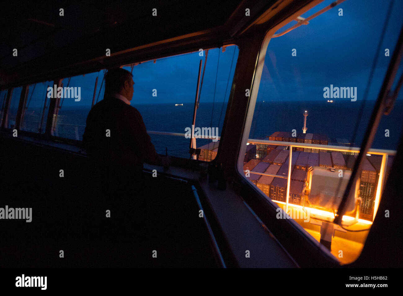 Container ship bridge at night, at sea Stock Photo - Alamy