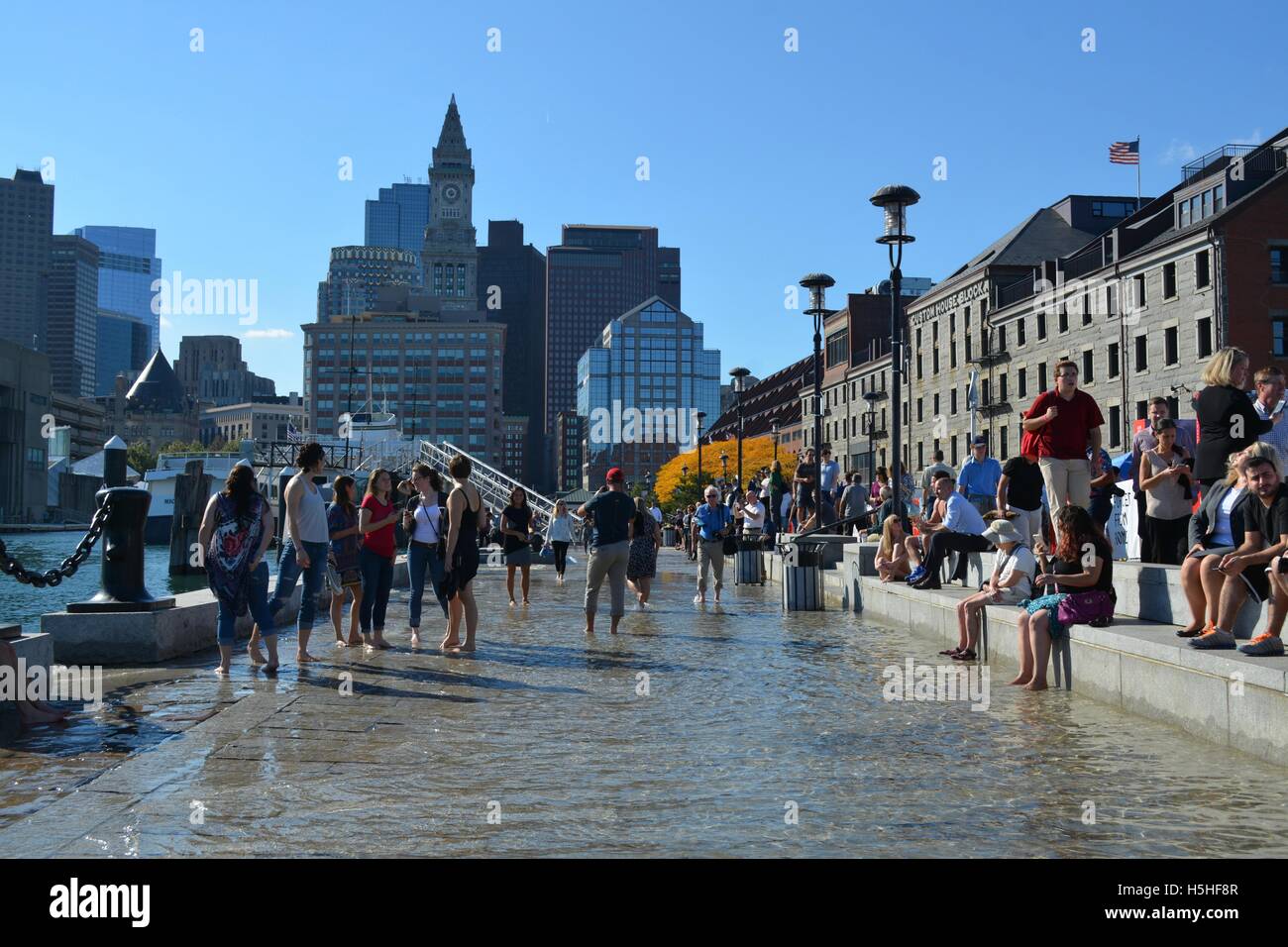 A view of the downtown Boston skyline during a King Tide, as seen from ...