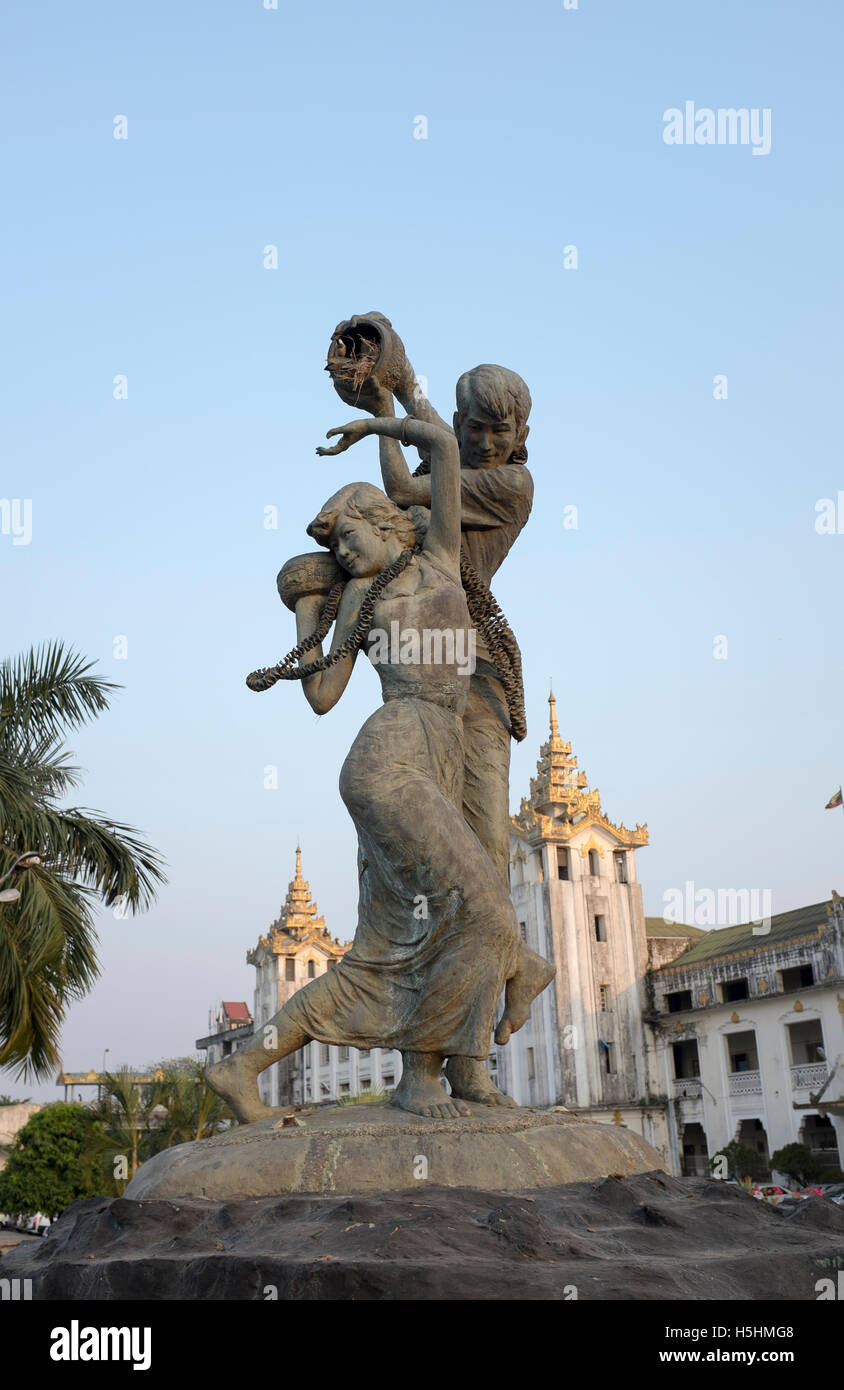 Statue outside Central Railway Station in Yangon with a bird nesting in ...