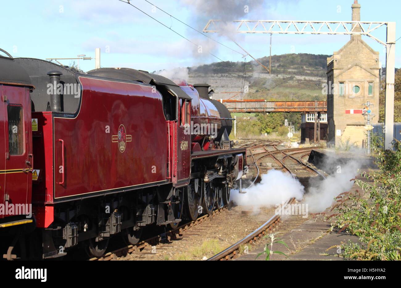 Jubilee class steam locomotive 45699 Galatea leaving Carnforth railway ...