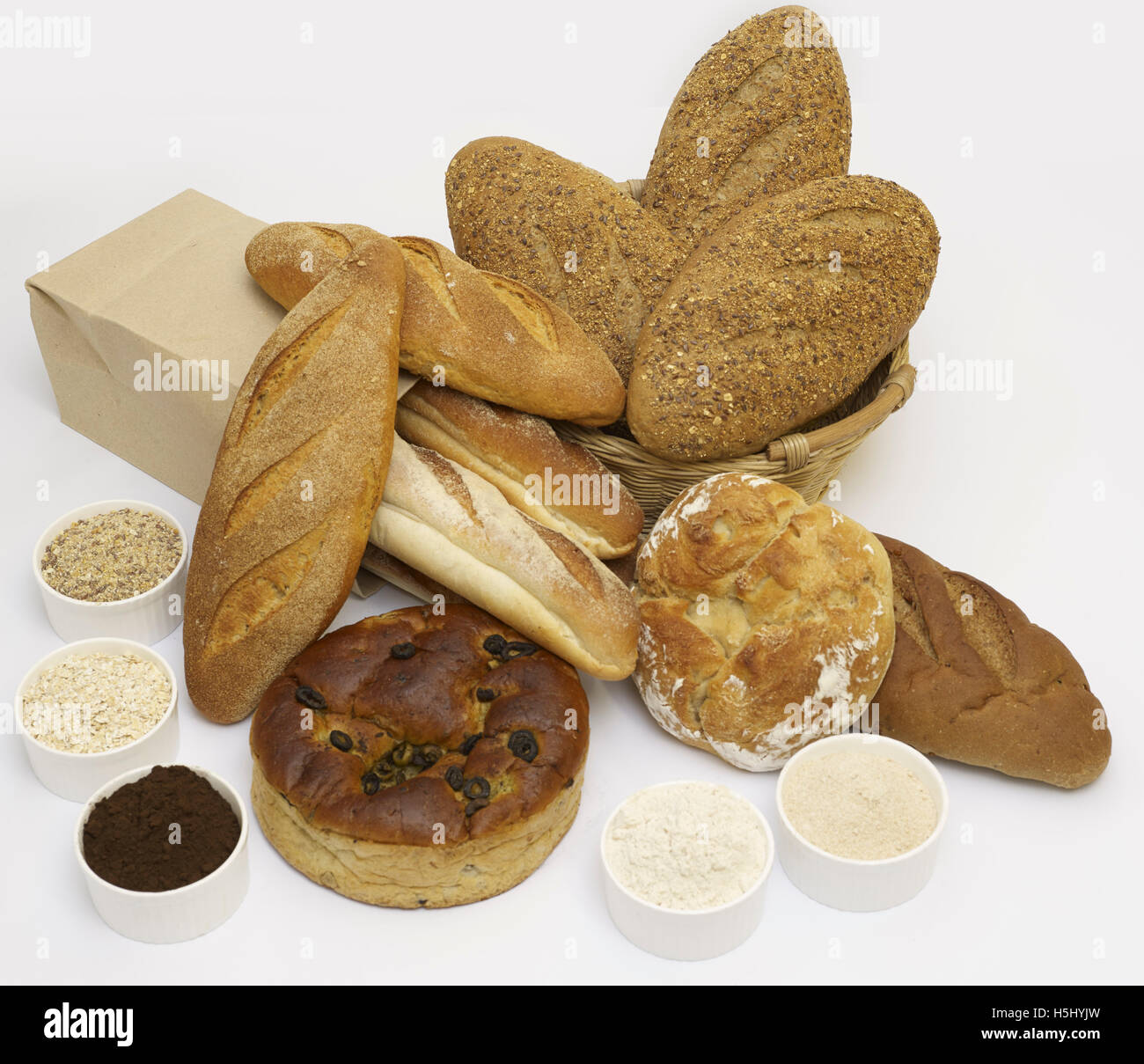 Assorted breads on a white background Stock Photo - Alamy