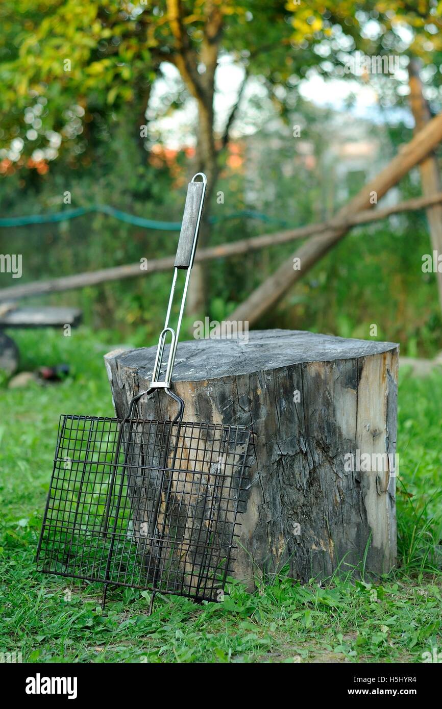 old lattice for a grill rests on the stump Stock Photo - Alamy