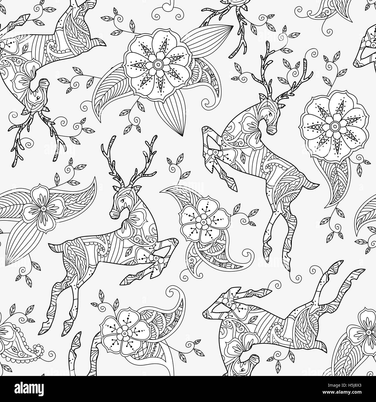 Seamless pattern with running deer flying and floral motif hand drawn ...