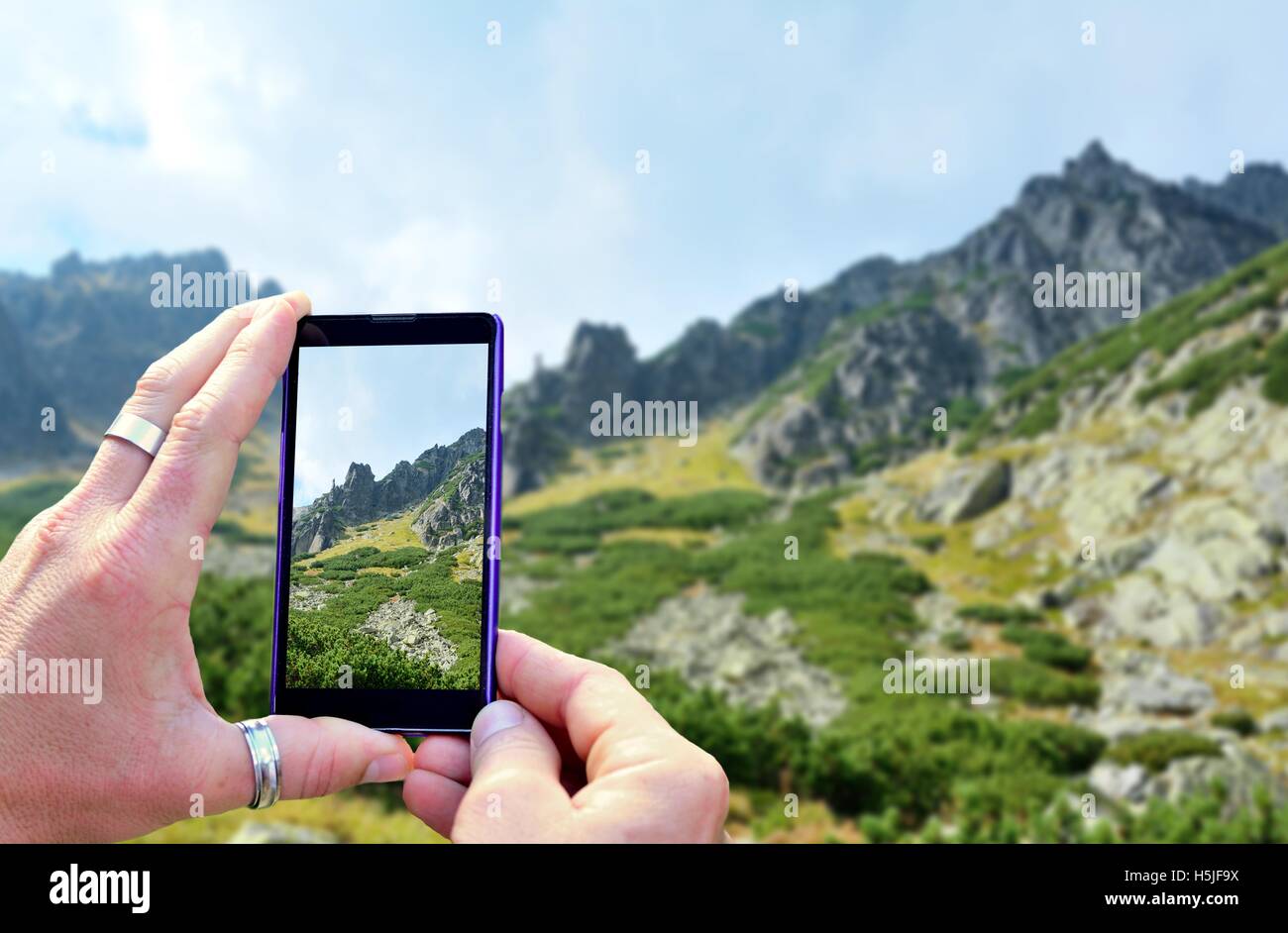 View over the mobile phone display during taking a picture of landscape ...