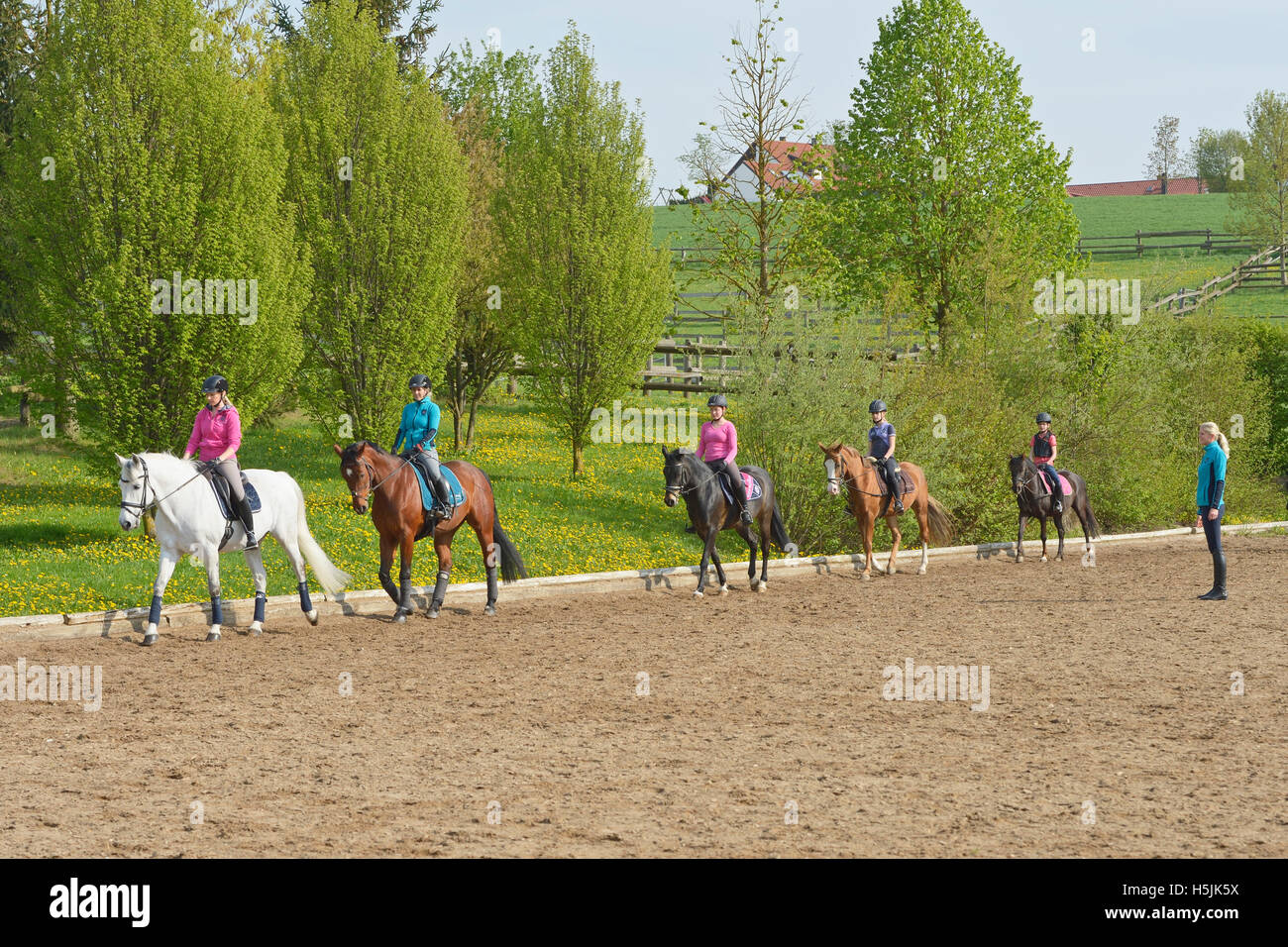 Riding lesson, group of adults and children Stock Photo - Alamy
