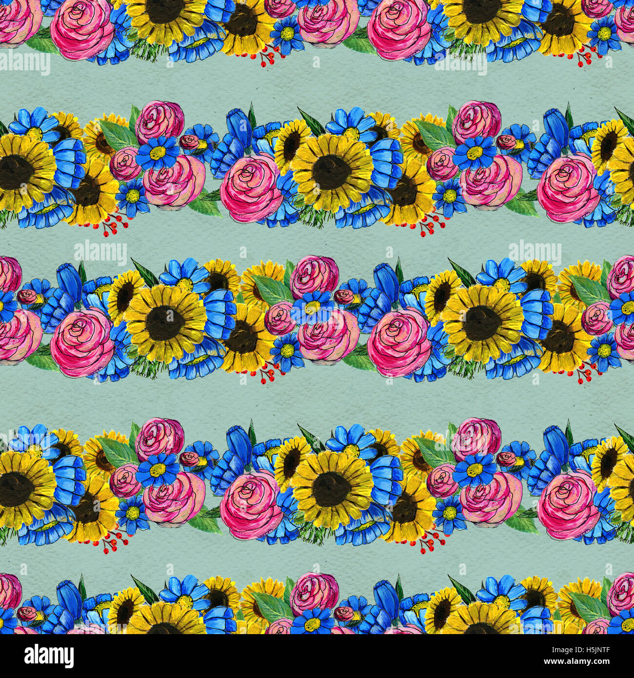 Seamless pattern with blue yellow and pink flowers Stock Photo - Alamy