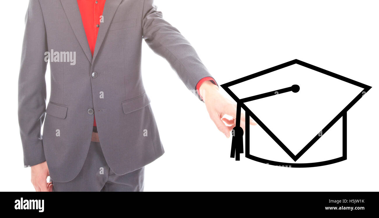 Young business man with graduation symbol on white background Stock ...