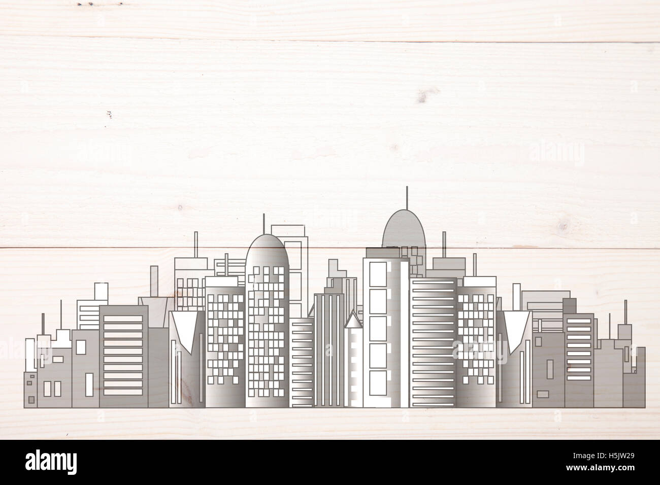 Office skyline on light wooden background Stock Photo - Alamy