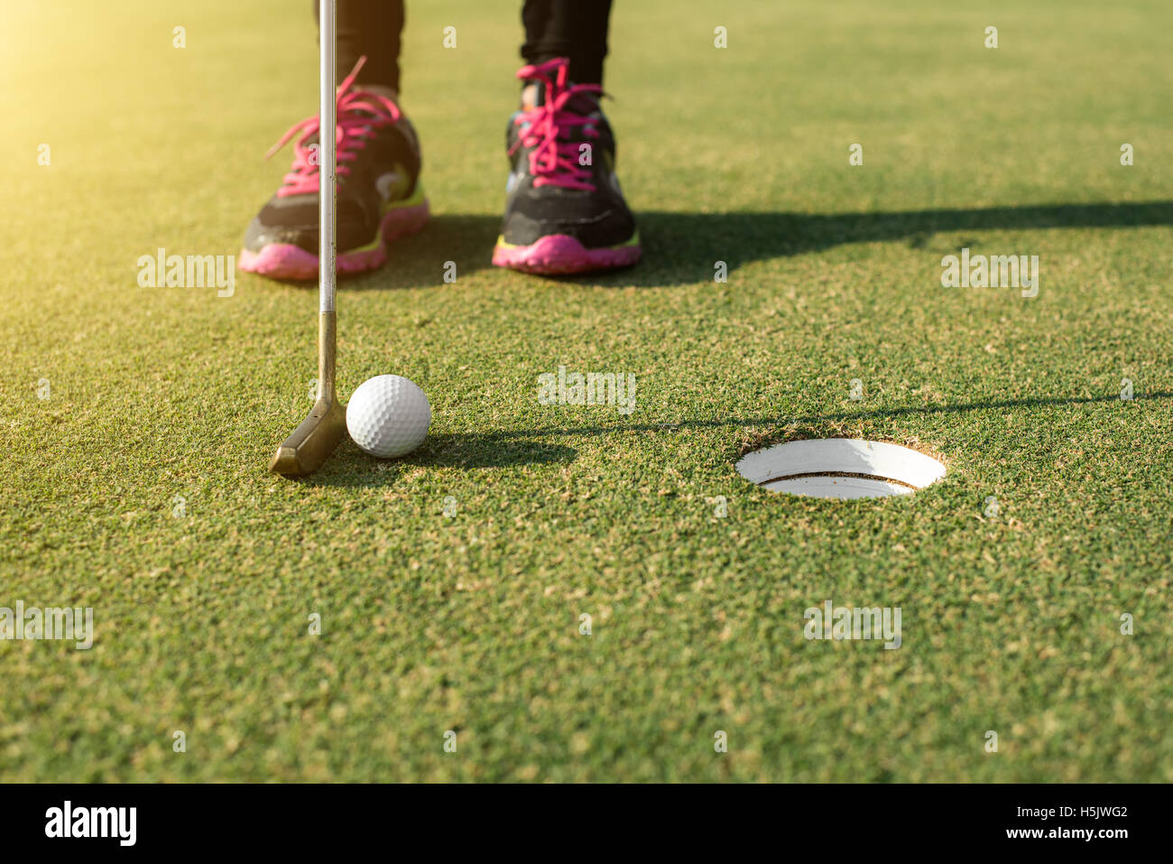 Golf player at the putting green putting golf ball into a hole. Golf ...