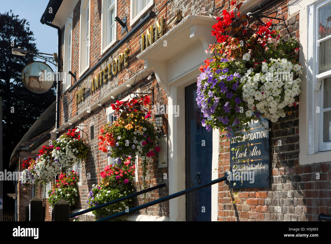UK, England, Wiltshire, Salisbury Plain, Upavon, High Street, flower ...