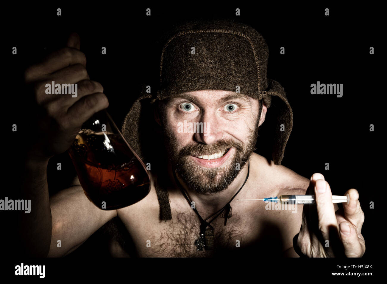 Dark portrait of scary evil sinister bearded man with smirk, offers a ...