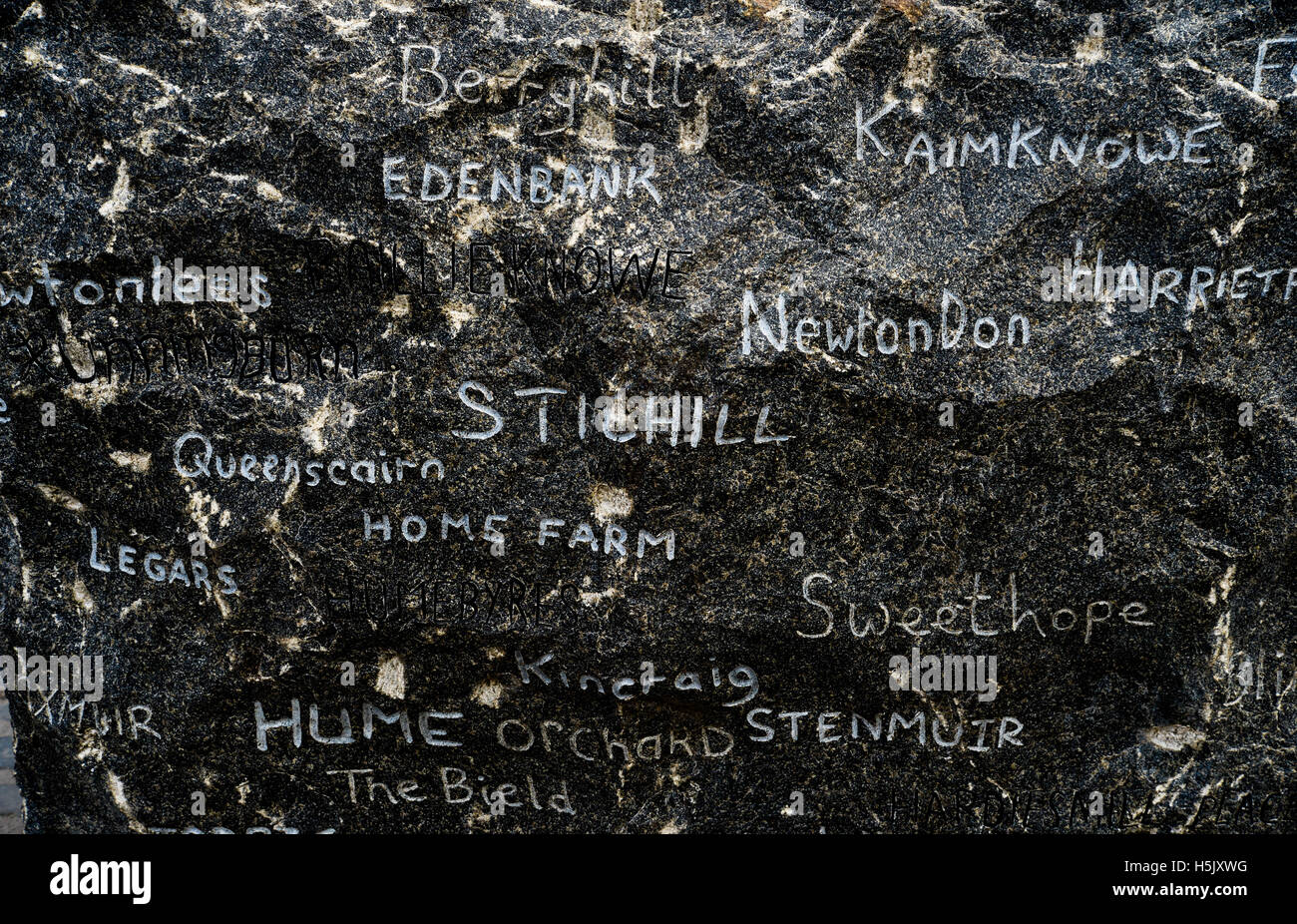 Kelso Stane by sculptor Jake Harvey, names of local place names are ...