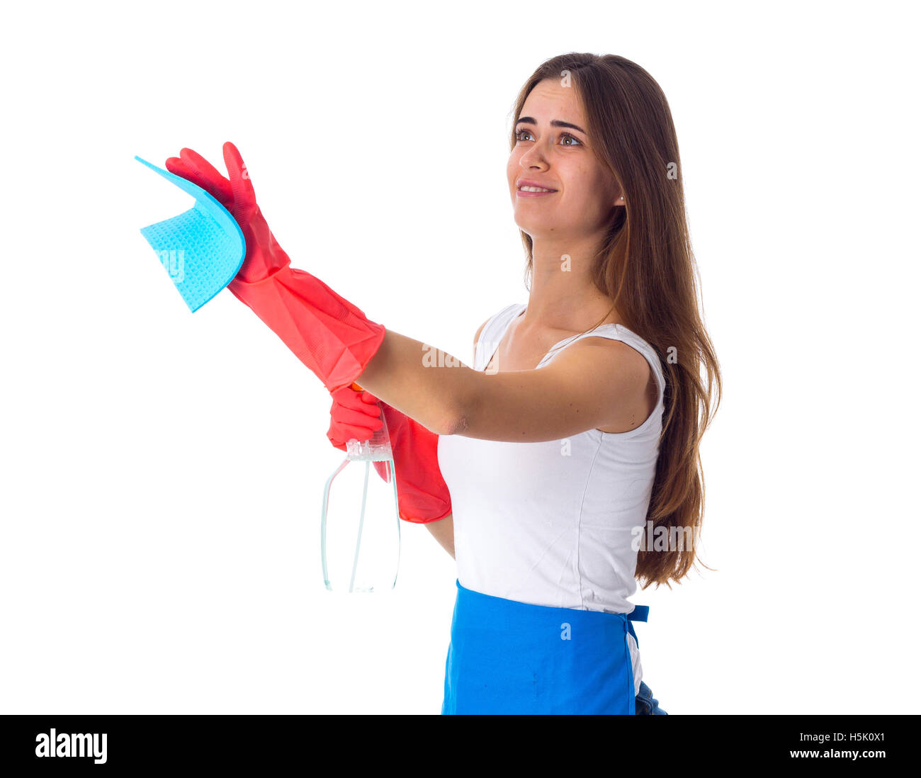 Woman using duster and detergent Stock Photo - Alamy