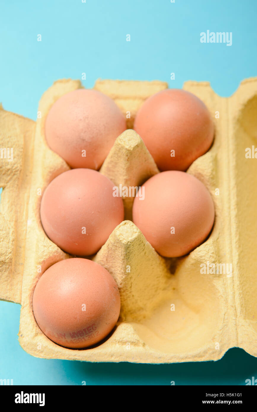 View of opened box of chicken eggs, blue background Stock Photo - Alamy