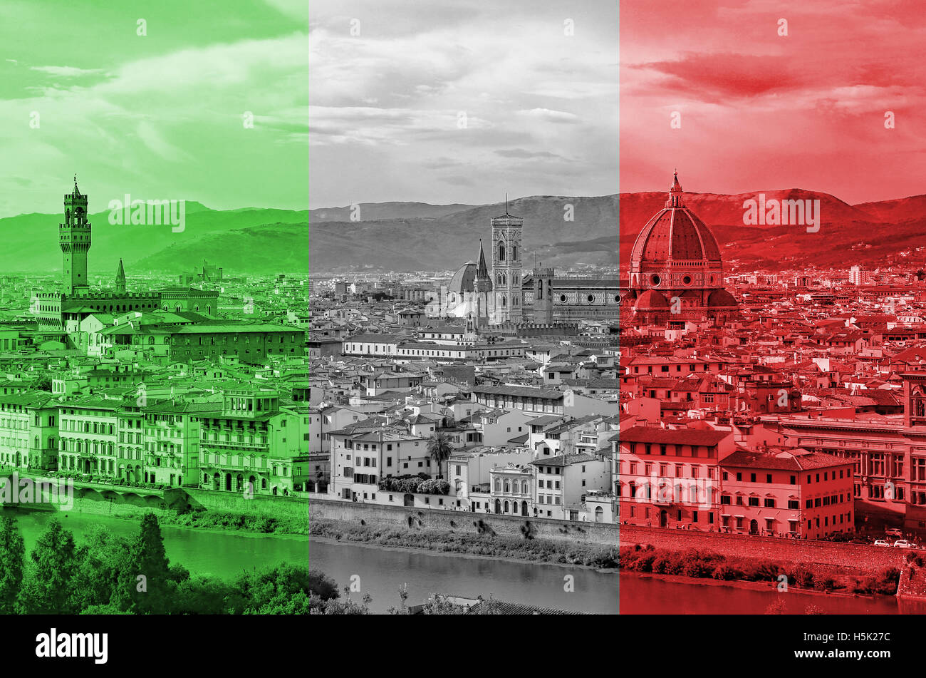 Italian Flag in Florence City in Italy with the dome of the Duomo and ...