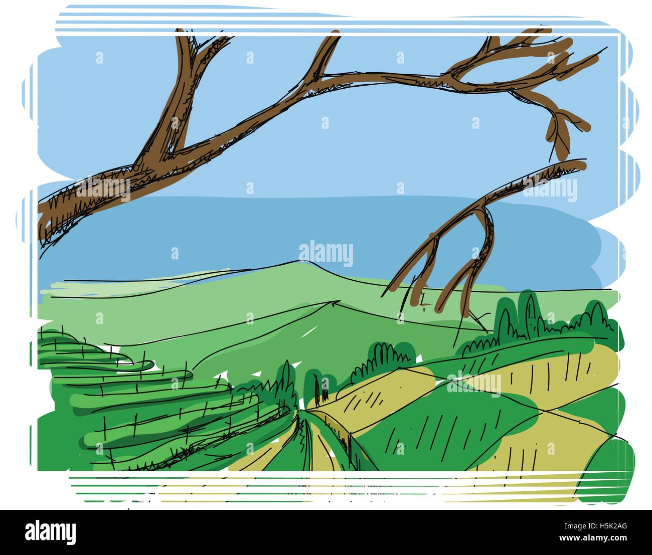 Abstract hand drawn background with tree and view on green fields ...