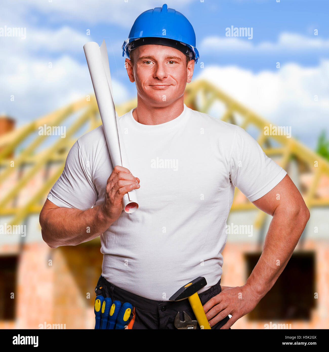 Worker with tools. Construction and house renovation concept Stock ...