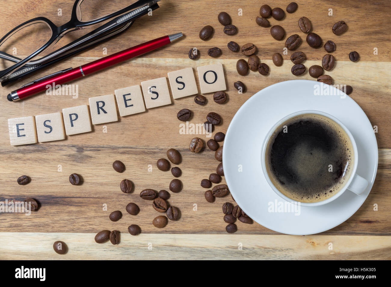 Espresso pause concept background on wood Stock Photo - Alamy
