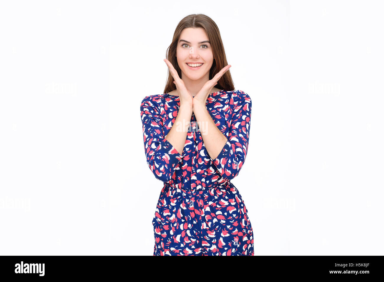 Surprised beautiful woman smiling. Isolated closeup portrait on white ...