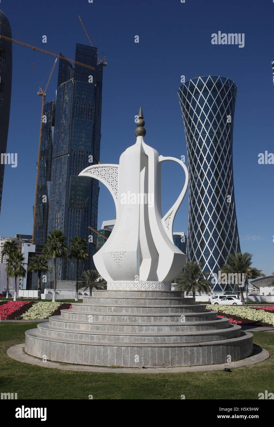 Innovative modern architecture, coffee pot sculpture on a roundabout in ...