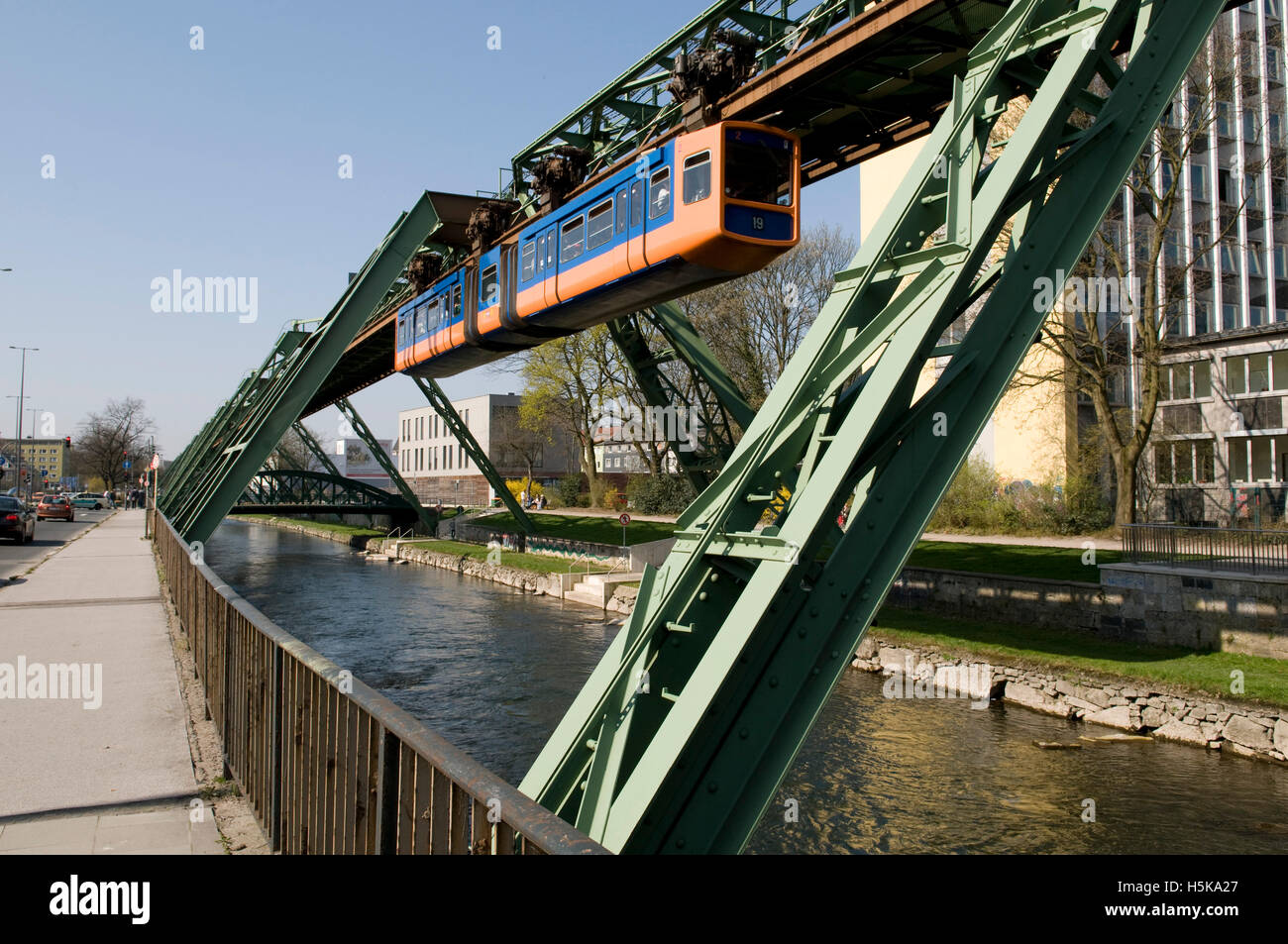 Schwebebahn, suspended monorail over the Wupper River, Wuppertal ...