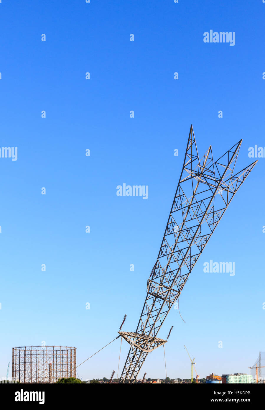Gas holder and upside down electricity pylon in Greenwich, London ...