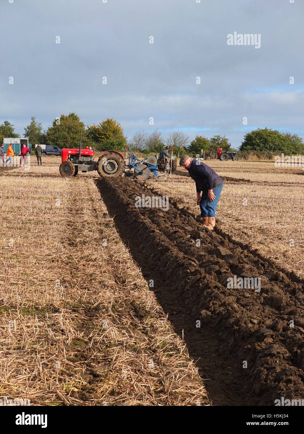 Farmer inspecting furrows at Ashover Ploughing Match, held at ...