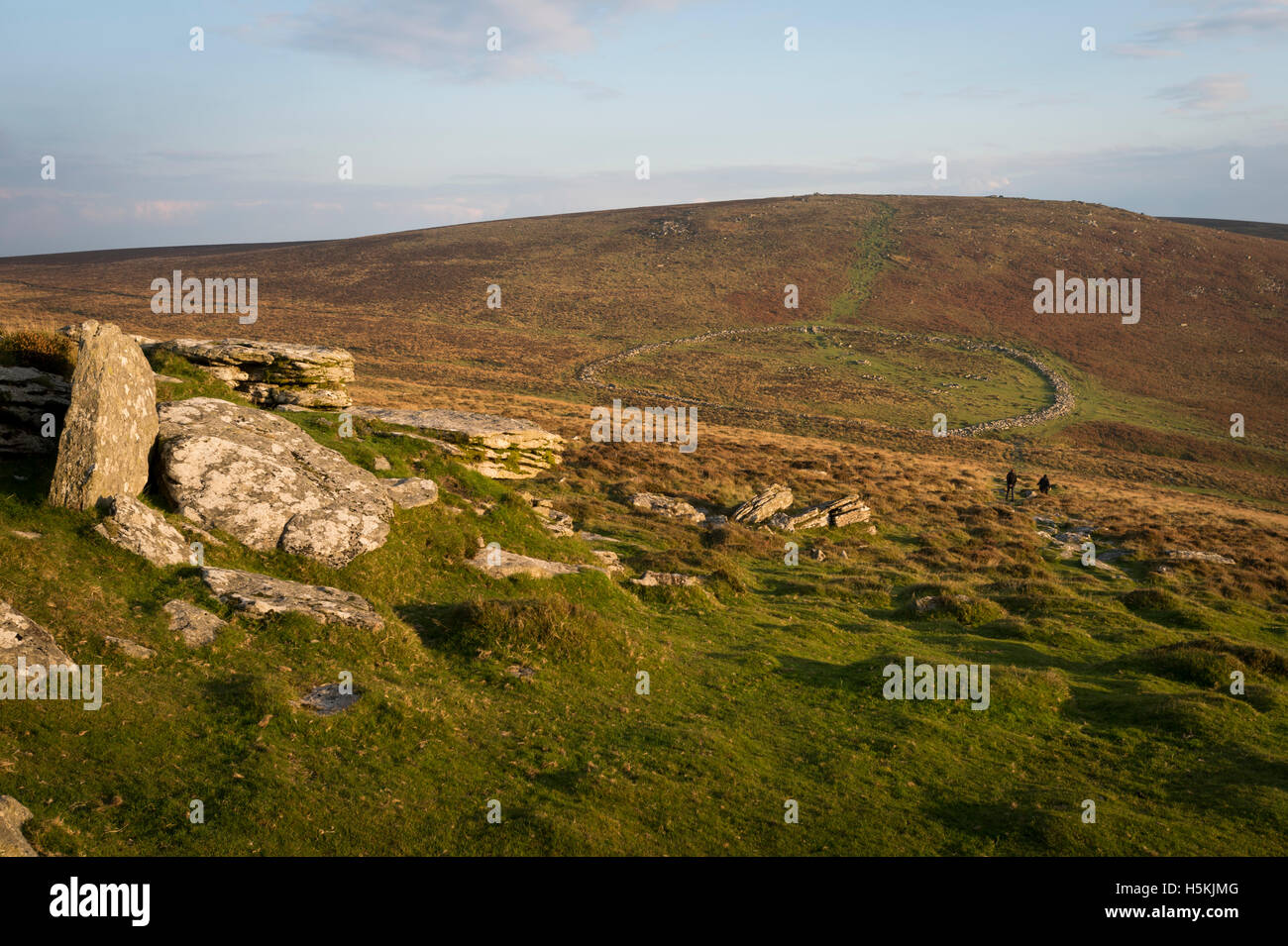 Ancient Bronze Age settlement Grimspound, seen from Hookney Tor ...
