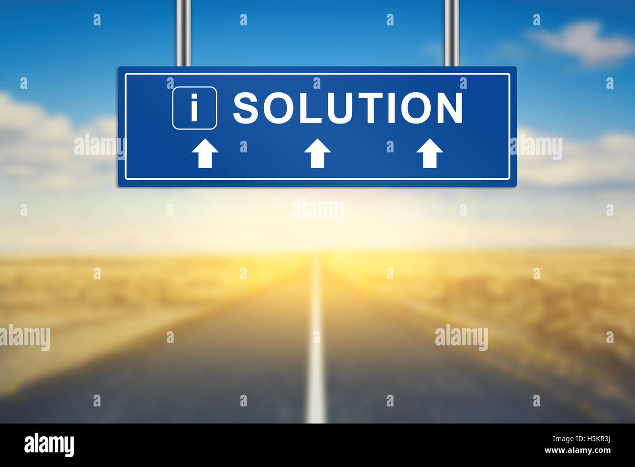 solution words on blue road sign with blurred background Stock Photo ...