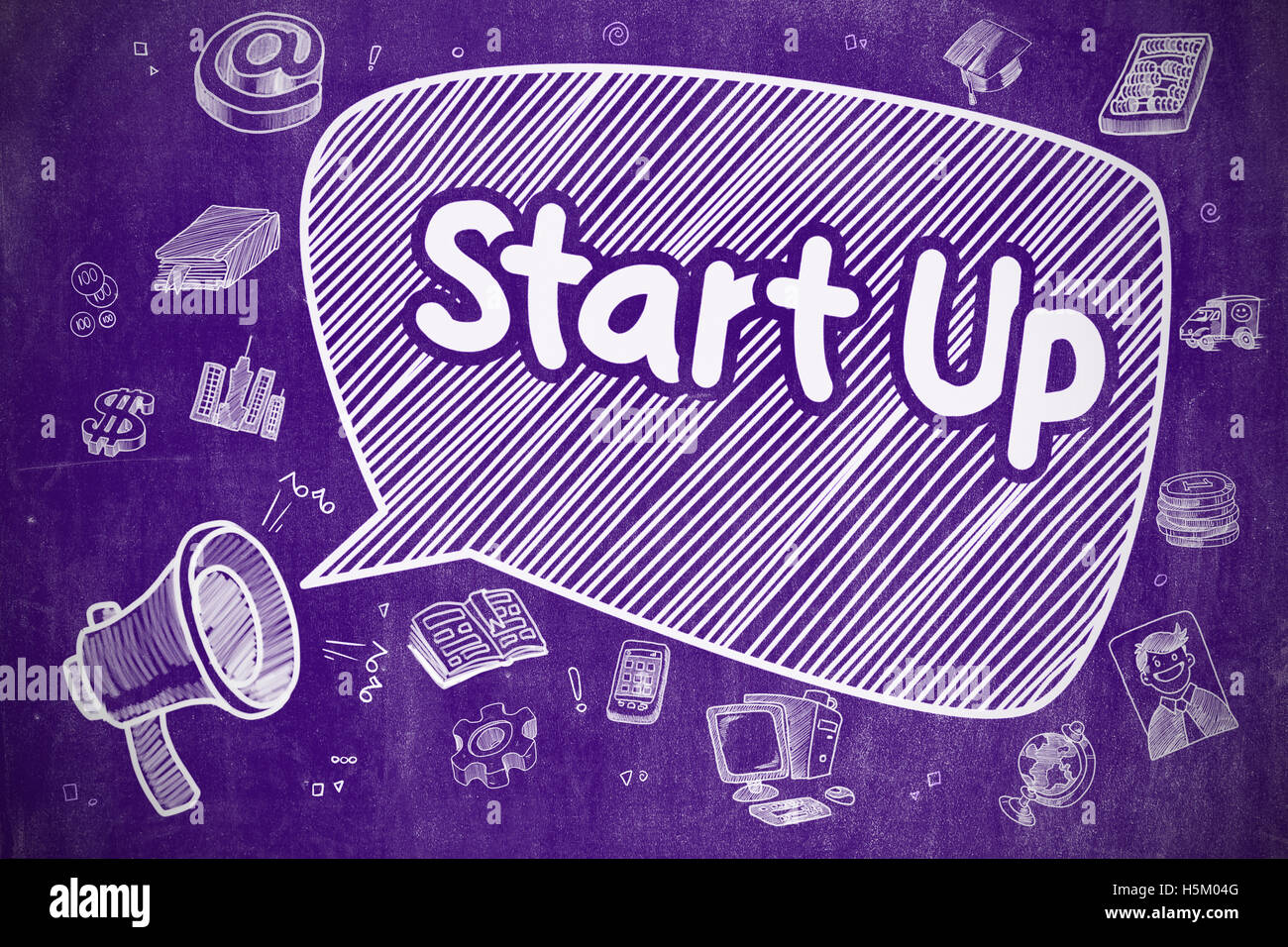 Start Up - Cartoon Illustration on Purple Chalkboard Stock Photo - Alamy