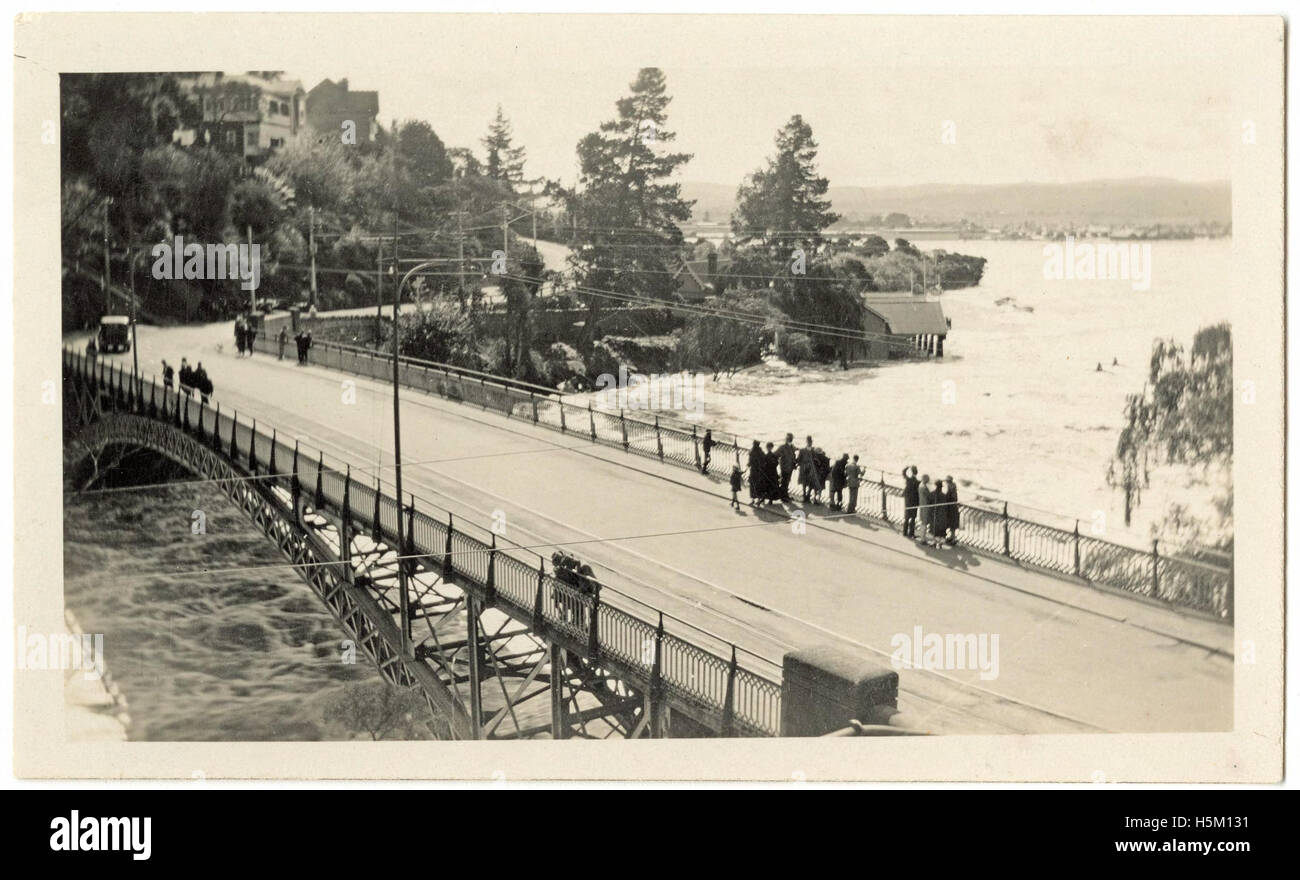 This historical image depicts the Kings Bridge in Launceston, Tasmania ...