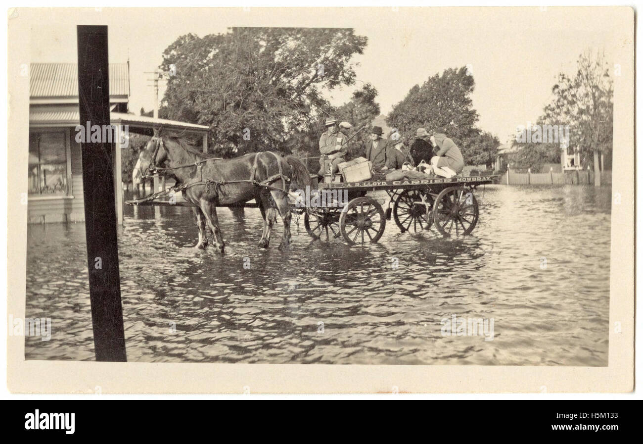 A 1929 photograph captures a horse and dray navigating a flooded street ...