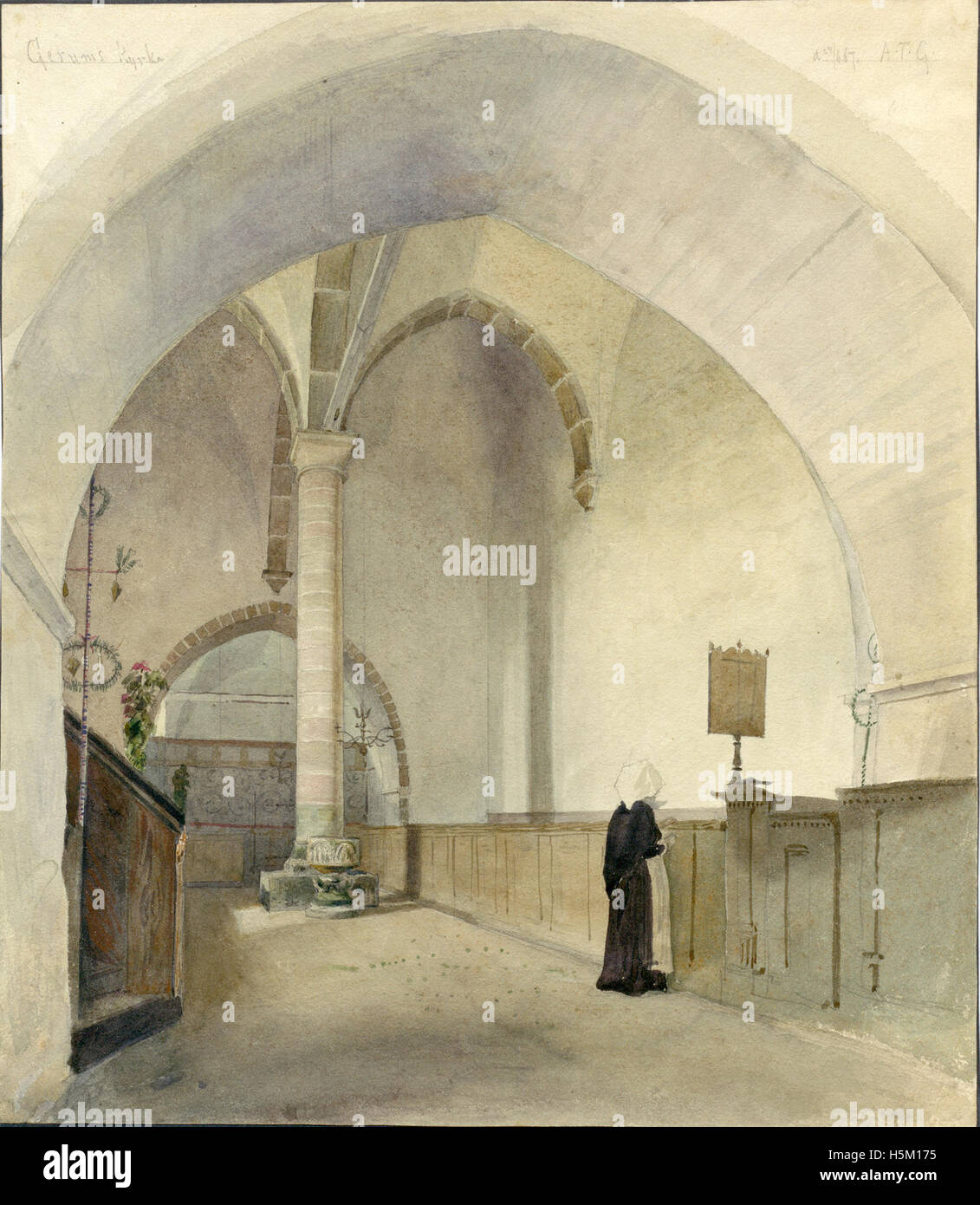 A woman is pictured inside the Gerum Church, located in Gotland, Sweden ...