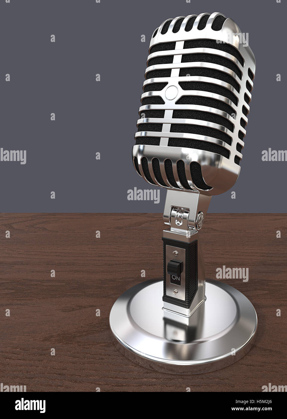 3D render of Classic style retro Microphone. Wooden table and blue ...