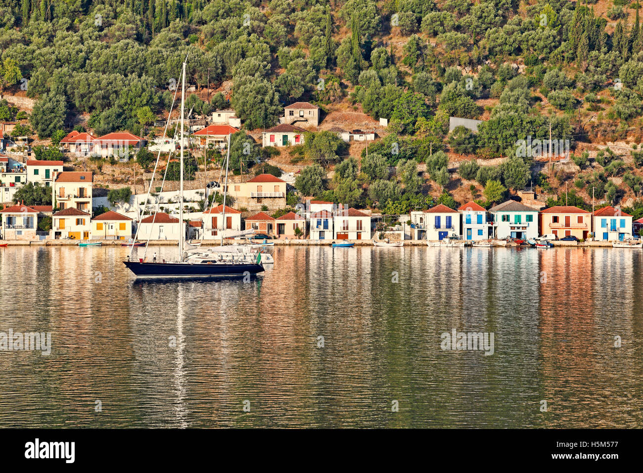 Sailing boats at the port of Vathy in Ithaki island, Greece Stock Photo ...