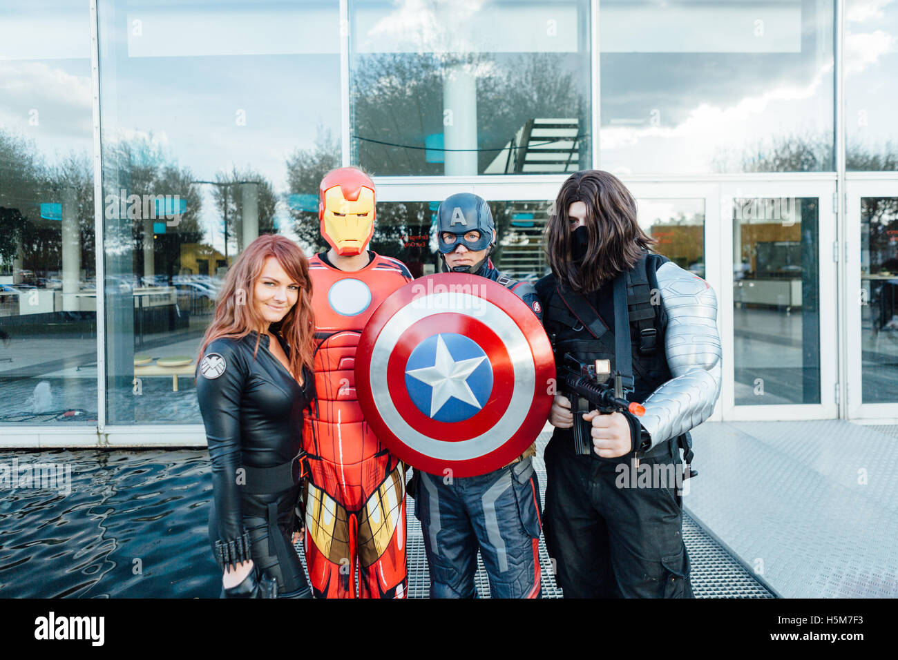 A group of cosplayers pose at Comic Con Copenhagen 2016. (L-R) Black ...