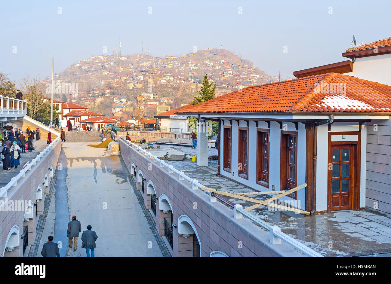 The modern market street of the old Ankara with the view on the hill ...