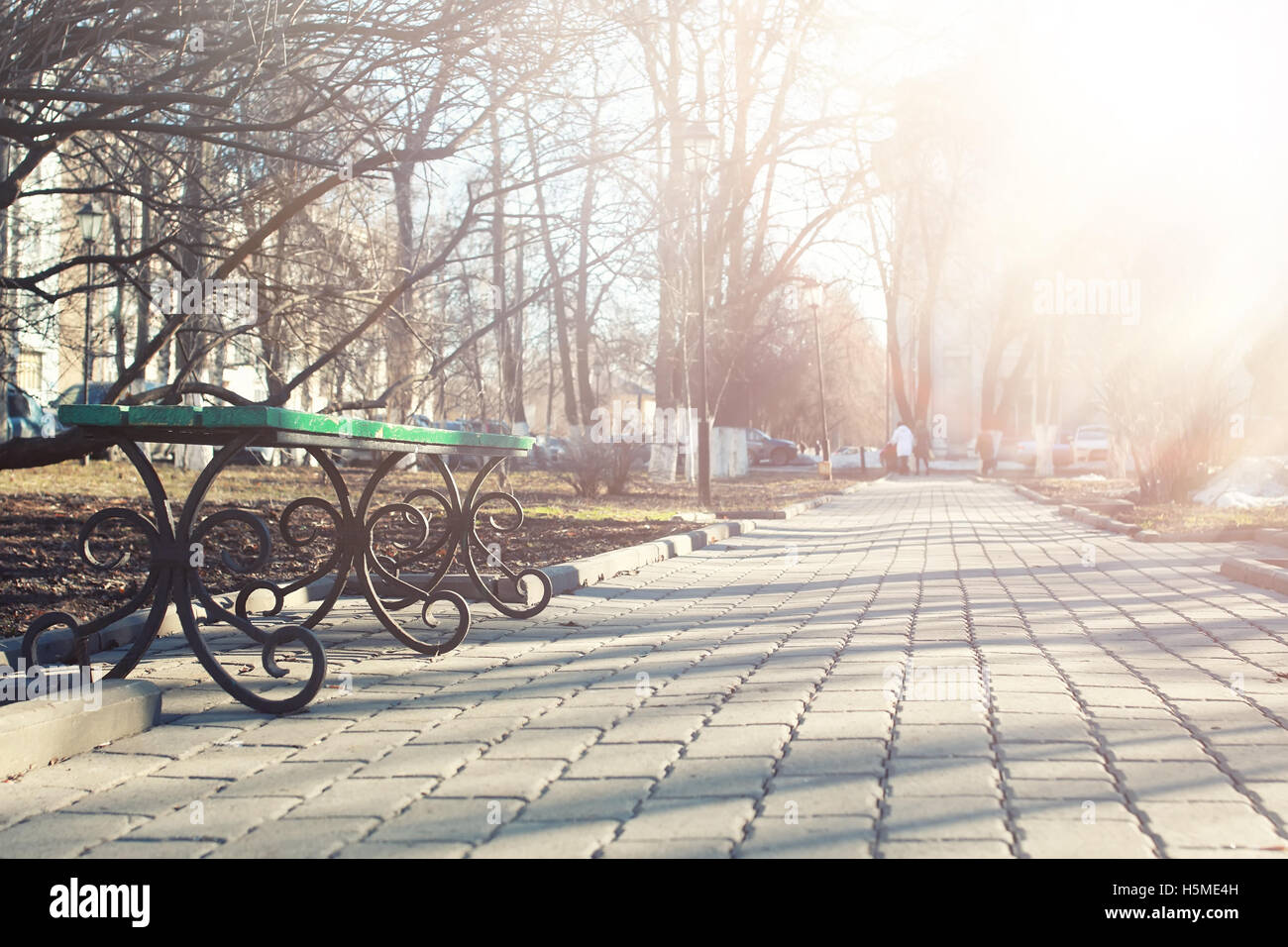 sunset bench in spring park Stock Photo - Alamy