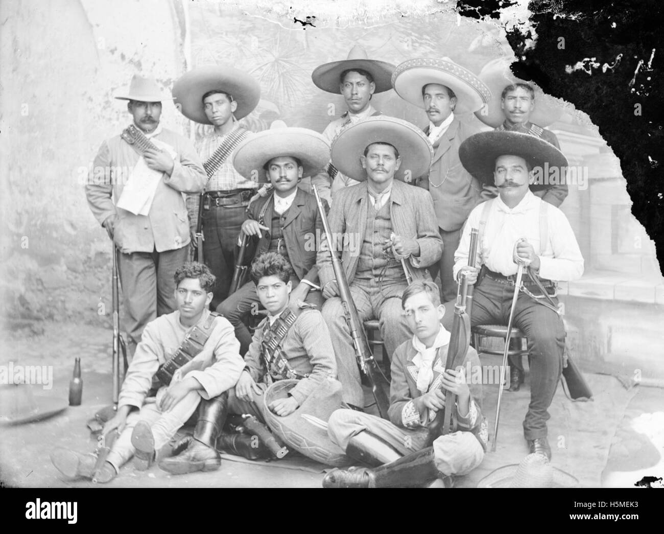 A group portrait of armed revolutionary soldiers during the Mexican ...