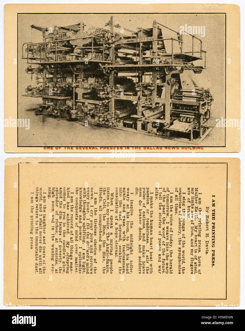 A historical postcard showing one of the printing presses in the Dallas ...