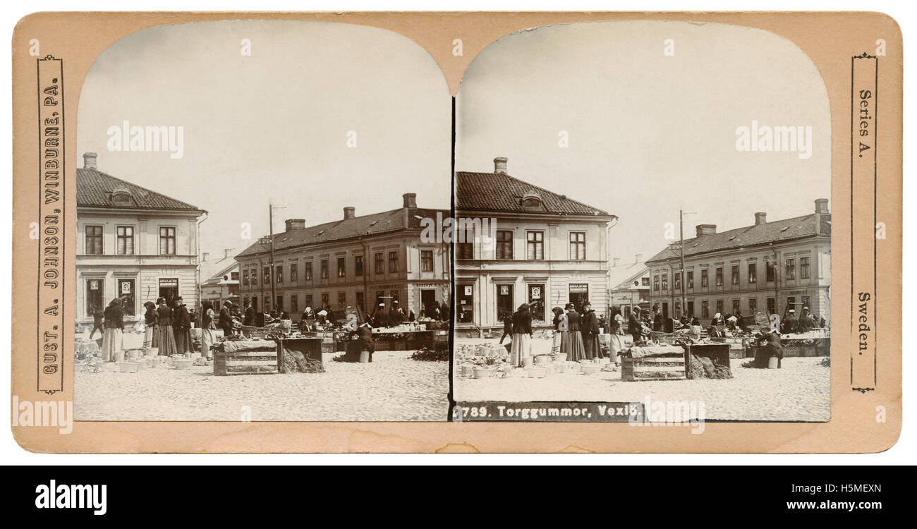 A scene depicting market women at a square in Småland, Sweden, with ...