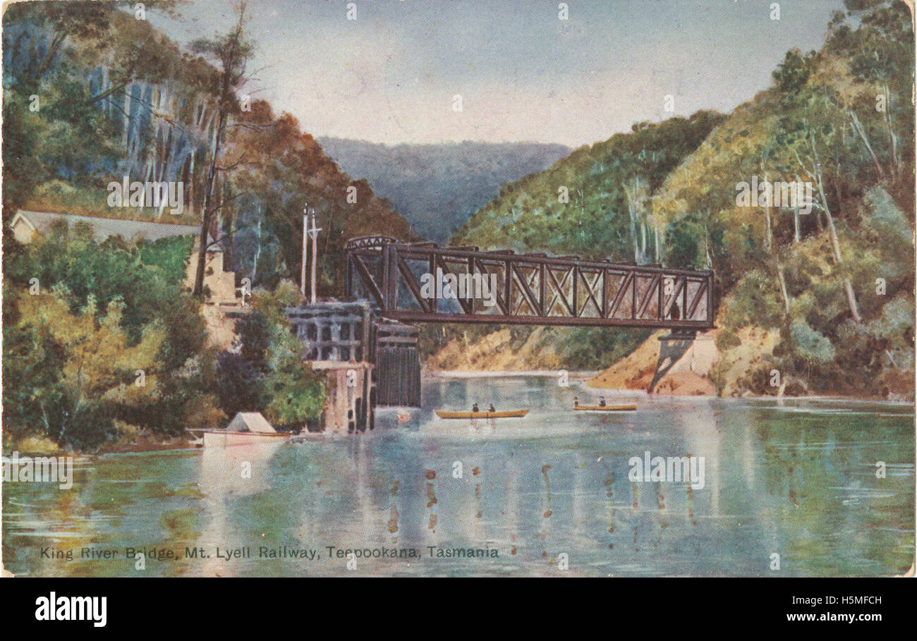 A postcard image depicting the King River Bridge on the Mt Lyell Railway, a historical site ...