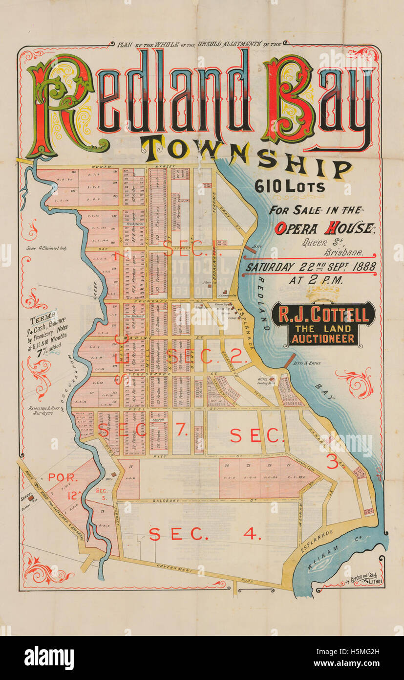 This real estate map from 1888 shows the layout of Redland Bay township ...