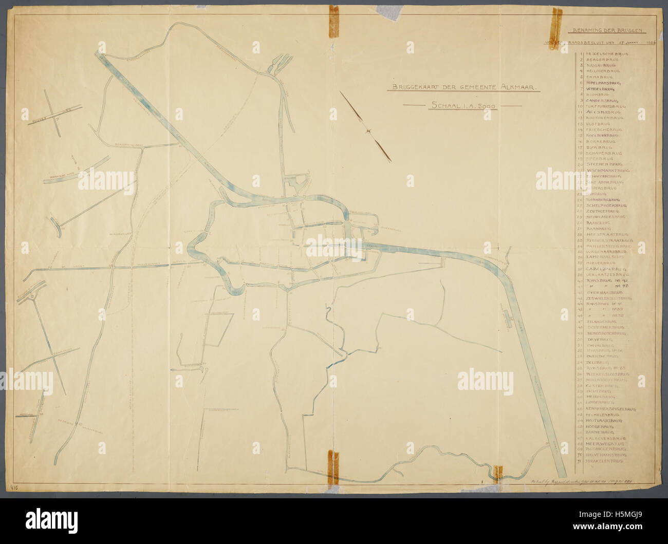 A historical map of Alkmaar, Netherlands, from 1922, showing the town's bridges. This ...