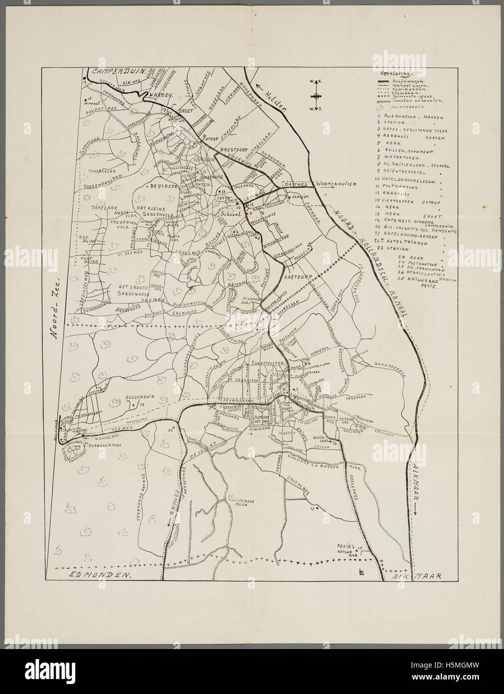 A 1938 map (Wandelkaart) of Bergen, Schoorl, and the Camperduin area in ...